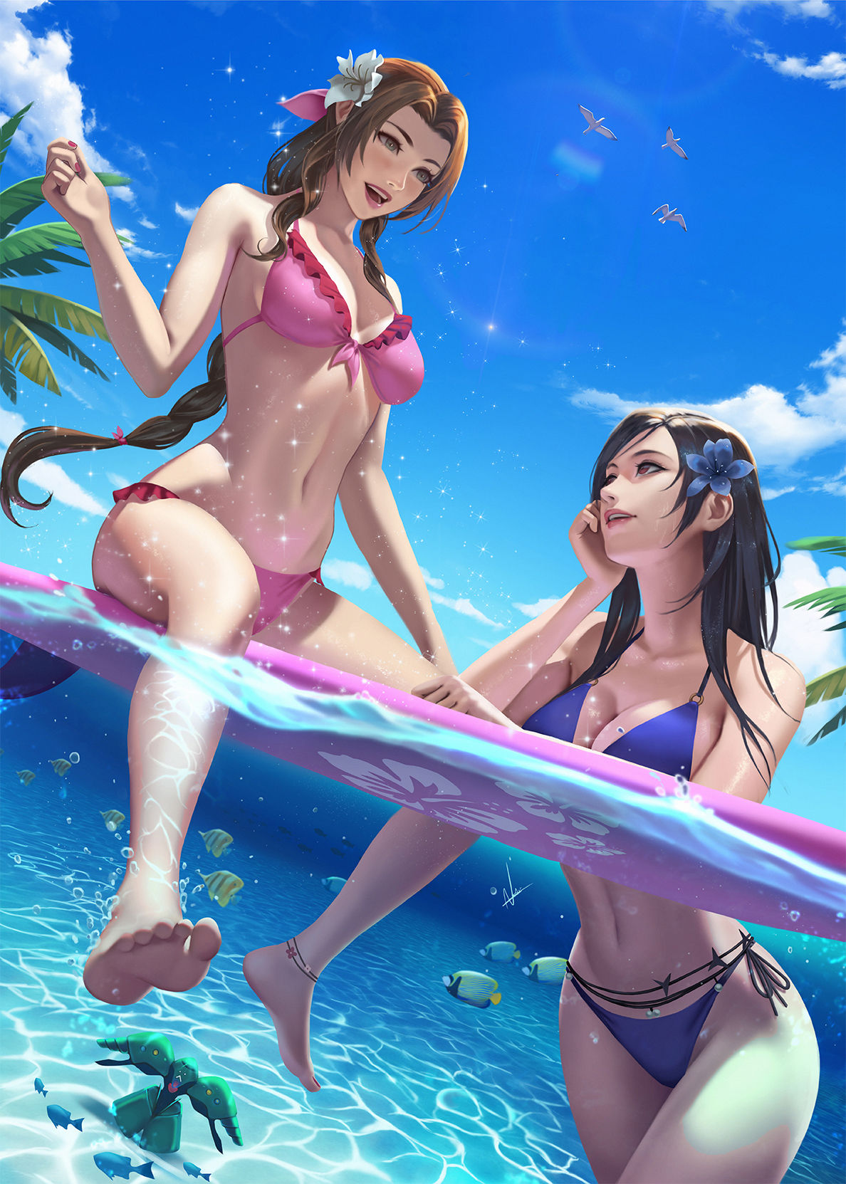 Tifa Lockhart Aerith Gainsborough And Emerald Weapon Final Fantasy And 2 More Drawn By