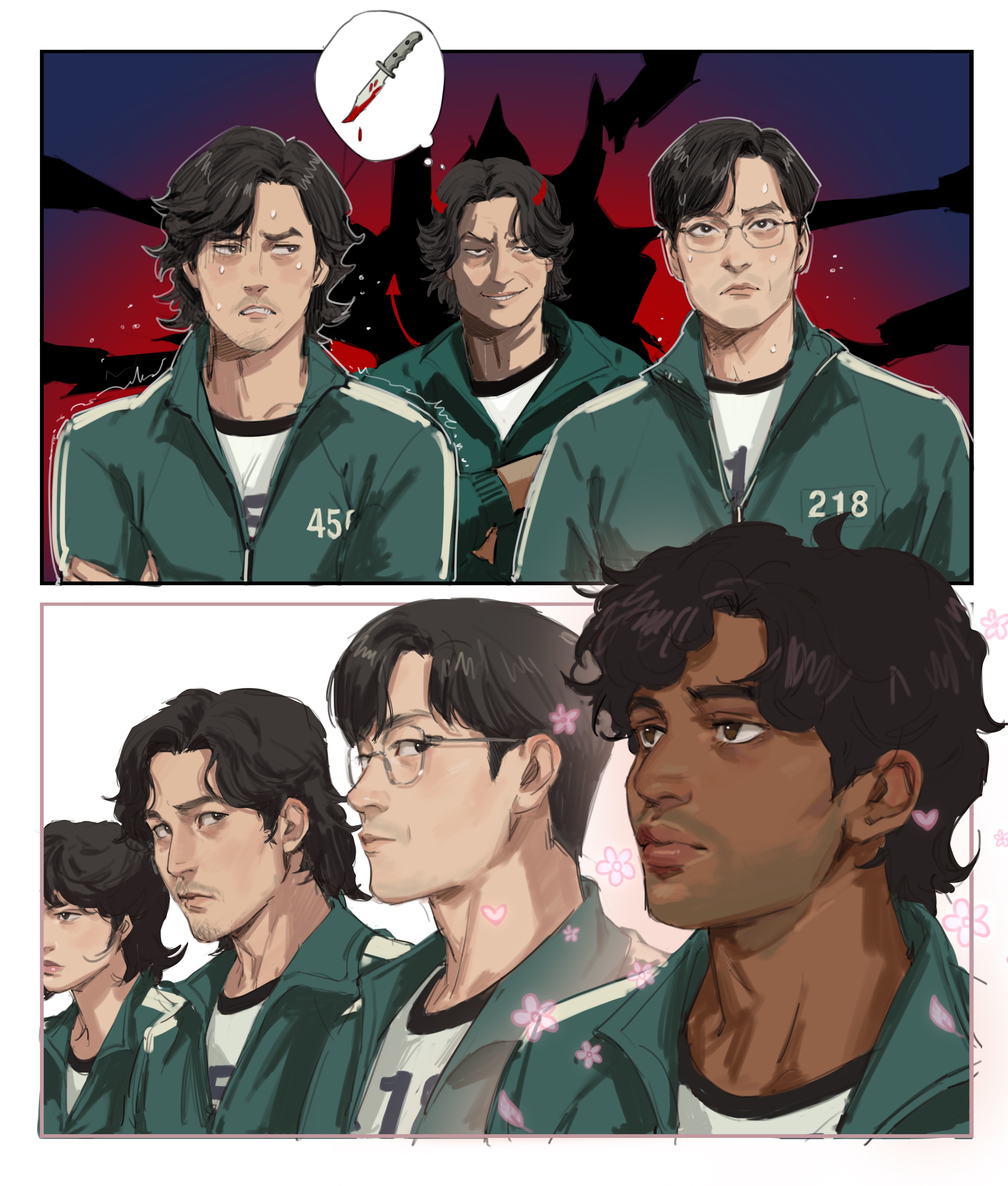 Sae Byeok Seong Gi Hun Cho Sang Woo Jang Deok Su And Ali Abdul Squid Game Drawn By
