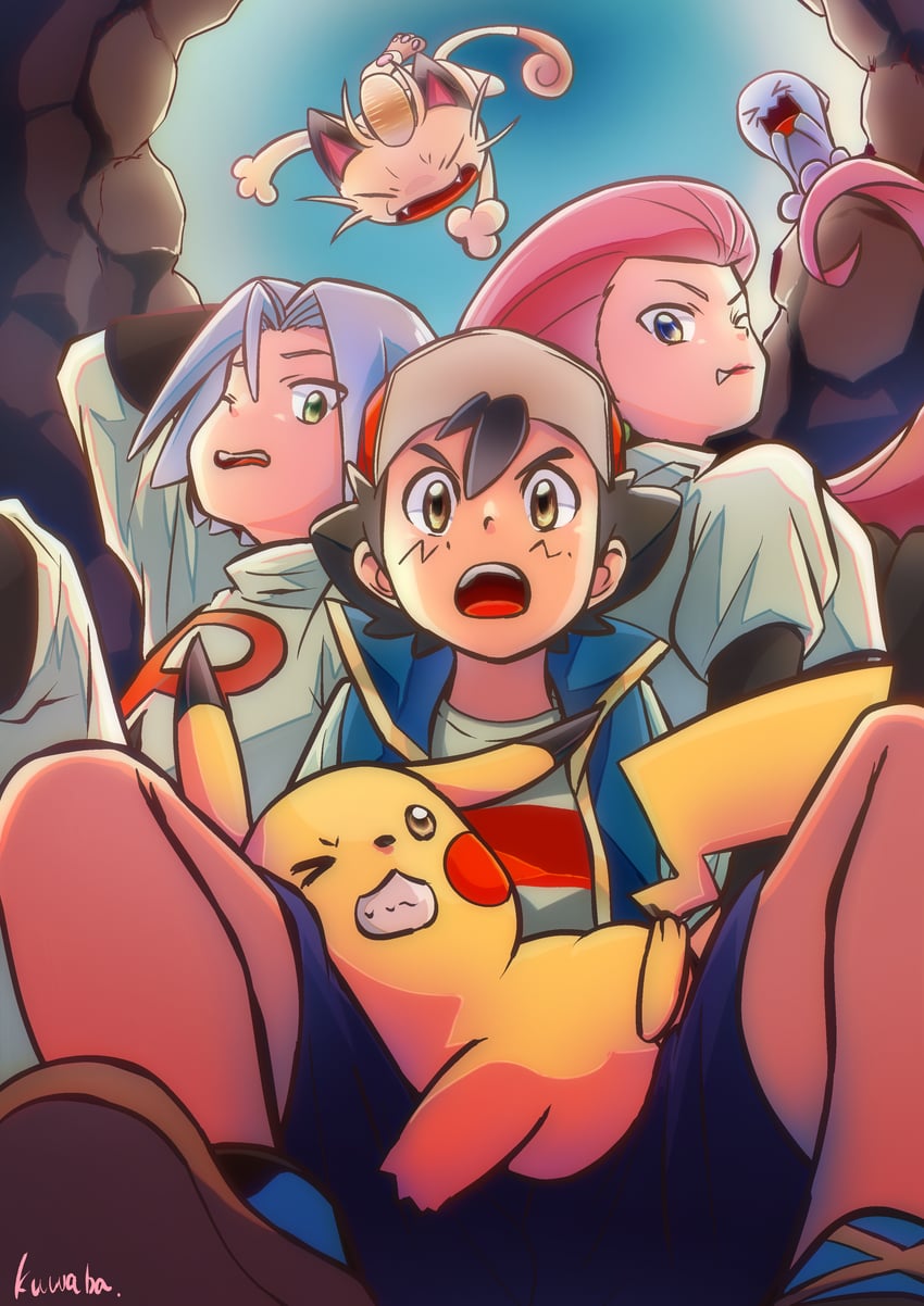 Pikachu Ash Ketchum Jessie James Meowth And 1 More Pokemon And 2 More Drawn By Vekitori