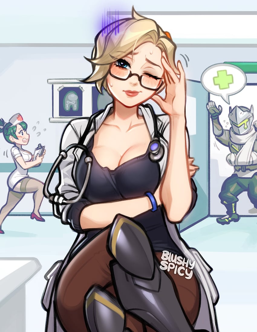Mercy Crewmate Genji Kiriko And Dr Ziegler Overwatch And 2 More Drawn By Blushyspicy